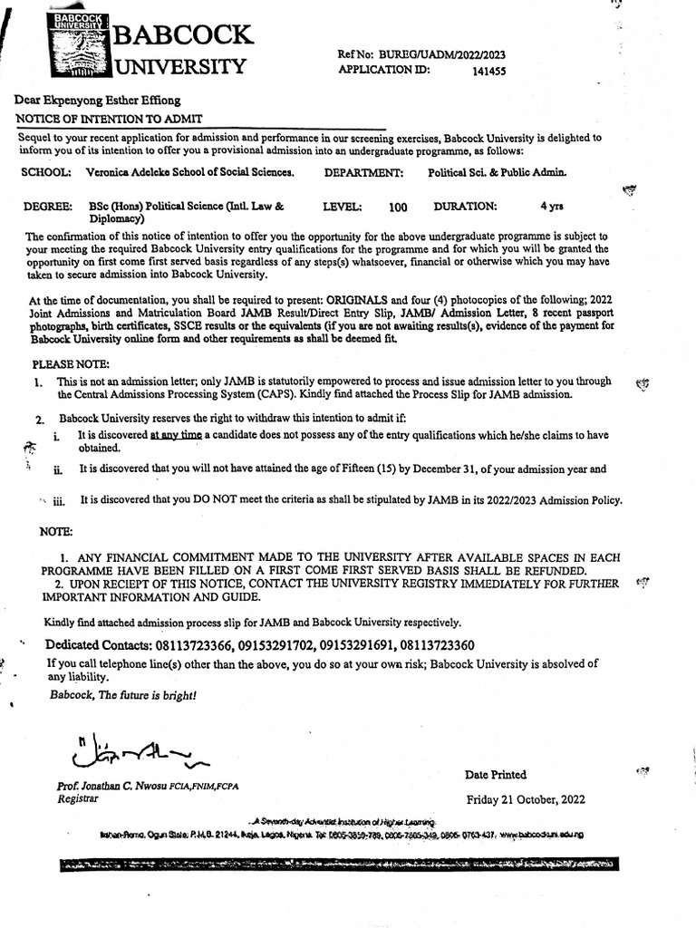 Admission Notice - Babcoc | PDF