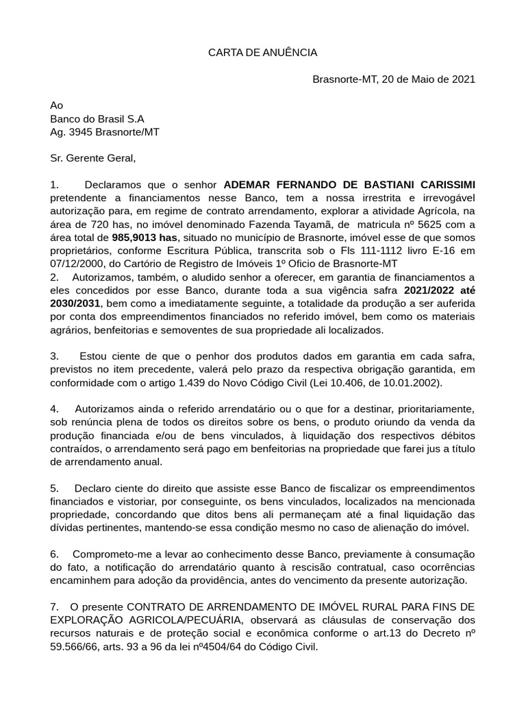 Carta de Anuencia Bb Ademar | PDF | Leasing | Direito Comum