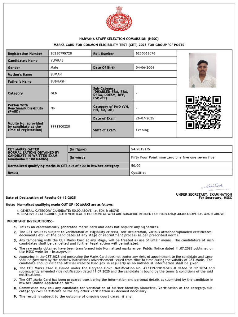 Cet Marks Card 2025 Cet | PDF