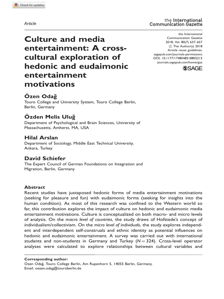 Odag Et Al 2018 Culture and Media Entertainment a Cross Cultural ...