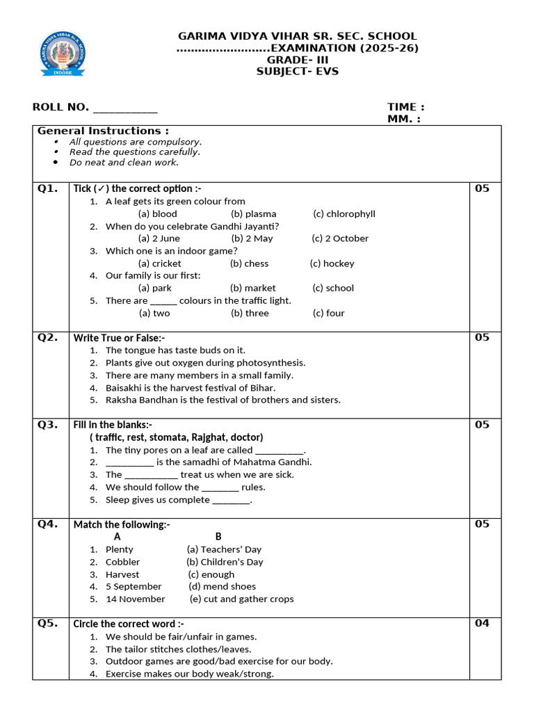 EVS Exam Paper for Grade III (2025-26) | PDF