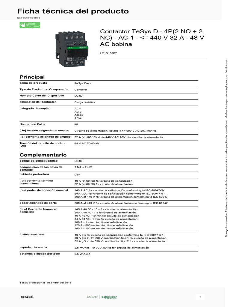 Contactor TeSys D 4P 32A 48V AC | PDF | Materiales | Electrónica