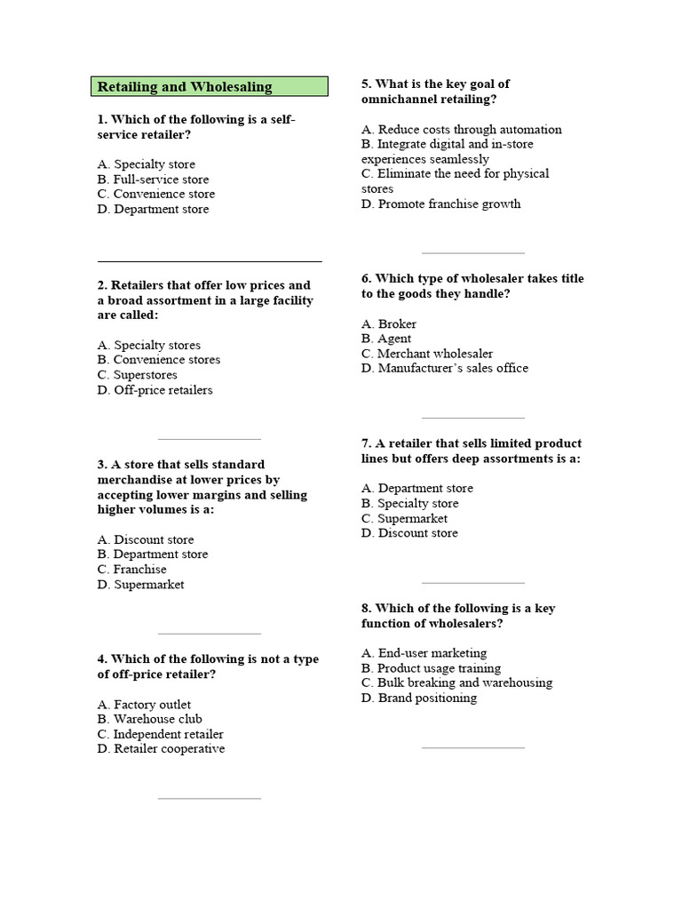 Retailing and Wholesaling Concepts Quiz | PDF | Retail | Pricing