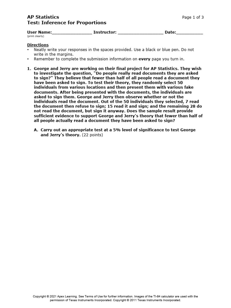 AP Statistics Inference for Proportions Test | PDF | P Value | Methodology