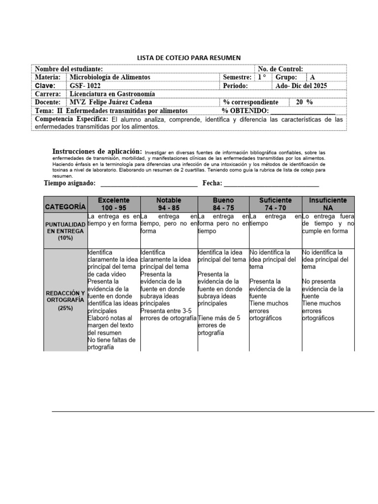 Rúbrica para resumen U 2 Micro- Gastro. | PDF