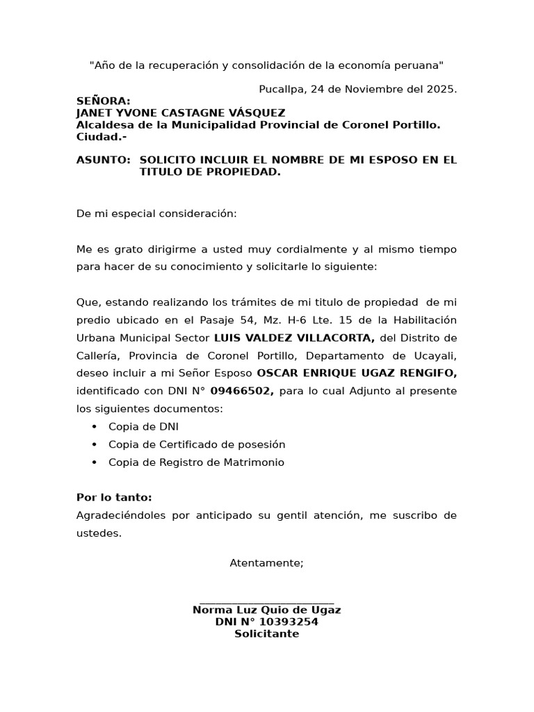 Solicito Incluir El Nombre de Mi Esposo en El Titulo de Propiedad | PDF