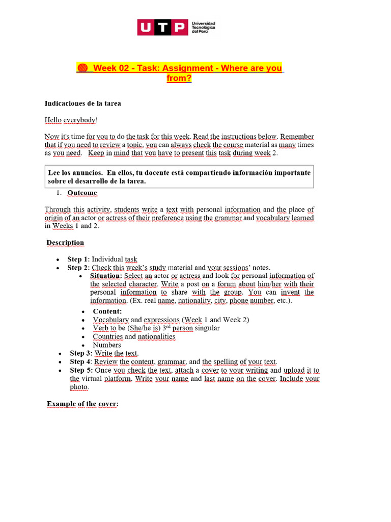 ? Week 01 - Task Assignment - Where are you from - INGLES 1---- | PDF