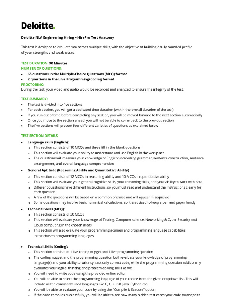 Deloitte NLA Engineering Test Guide | PDF | Computer Programming ...