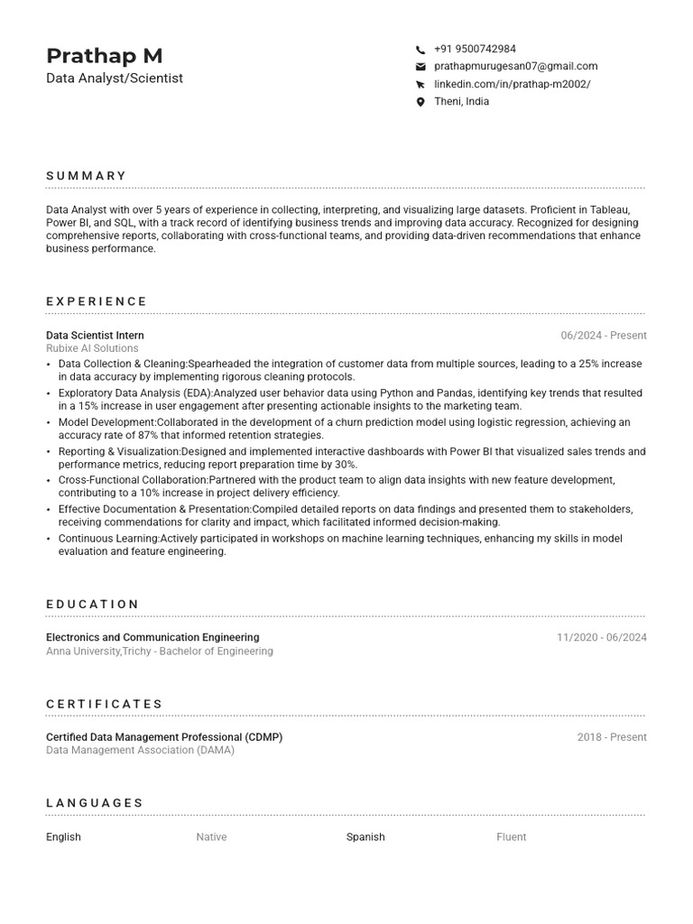 Prathap M - Data Analyst_Scientist - Resume | PDF | Data Analysis | Data