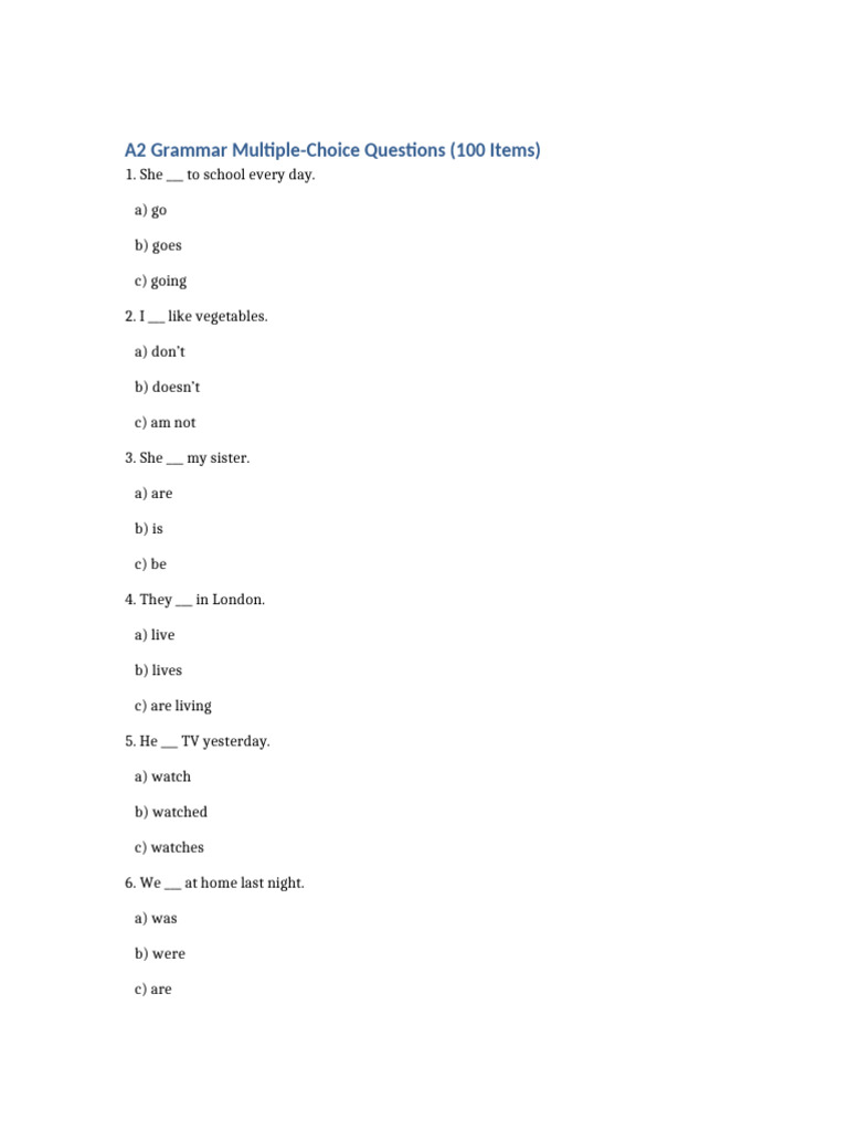 A2 Grammar MCQs: 100 Questions | PDF | Chess Theory | Chess