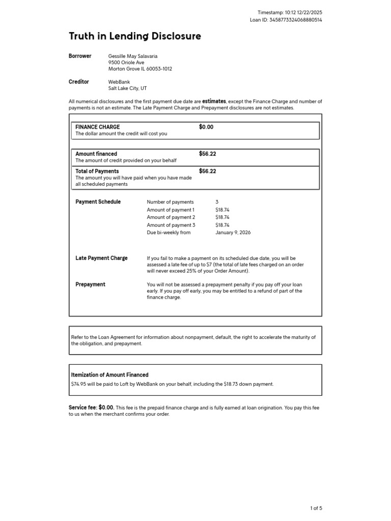 Truth in Lending Disclosure for Loan 3458773324068880514 | PDF ...