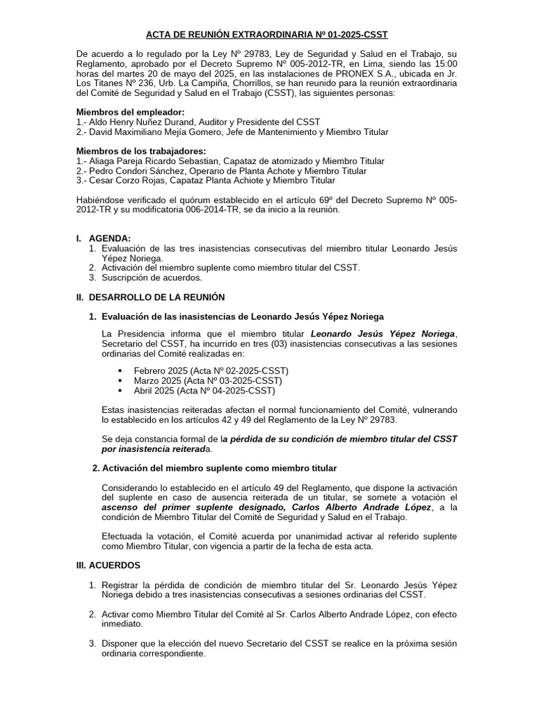 Acta Reunión CSST: Cambios de Miembros | PDF | Gobierno