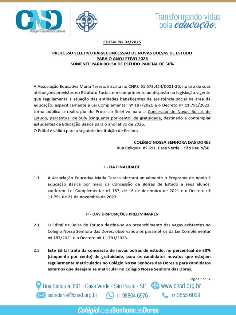 Edital n. 02 Processo Seletivo de Bolsa de Estudo 2026 ALUNOS NOVATOS ...