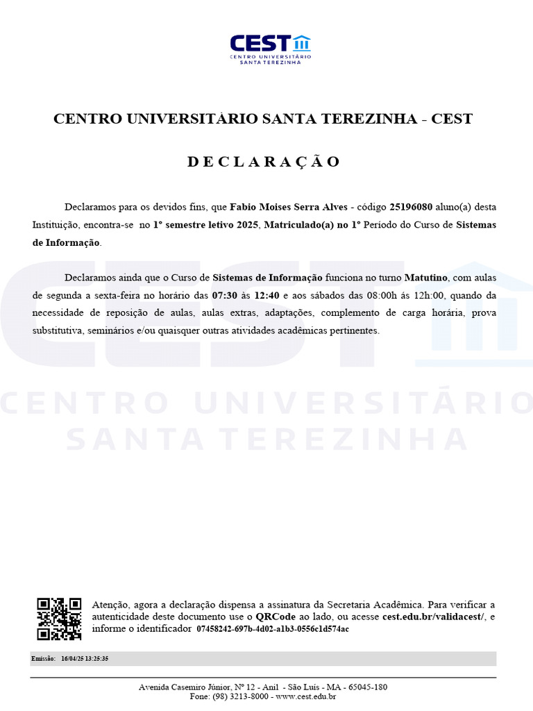 Declaração de Matrícula - CEST 2025 | PDF