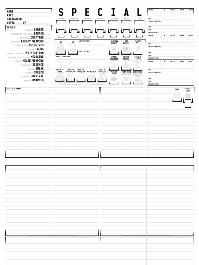 Fallout TTRPG Character Sheet Fillable Extended | PDF