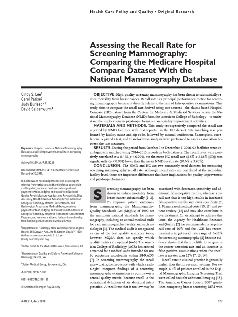 Lee Et Al 2018 Assessing The Recall Rate For Screening Mammography ...