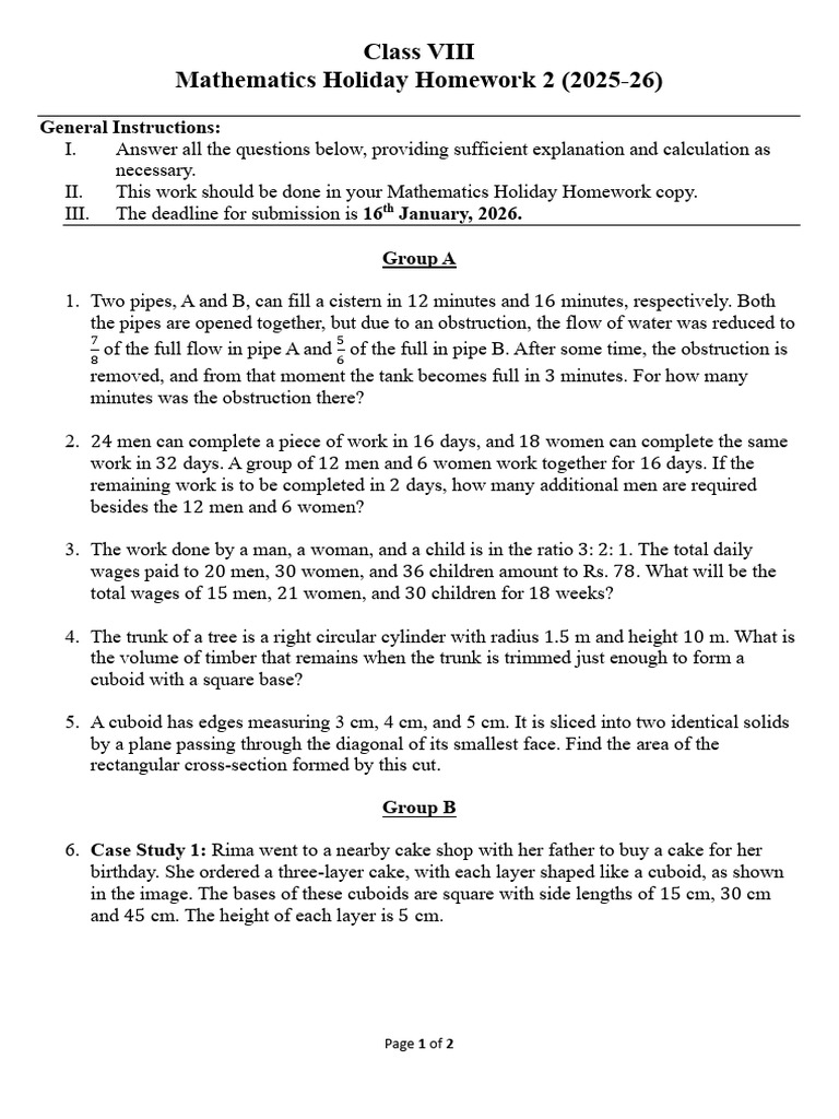 Class VIII Math Holiday Homework 2025-26 | PDF | Area | Volume