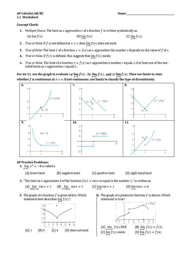 AP Calculus AB/BC Limits Worksheet | PDF | Function (Mathematics) | Numbers