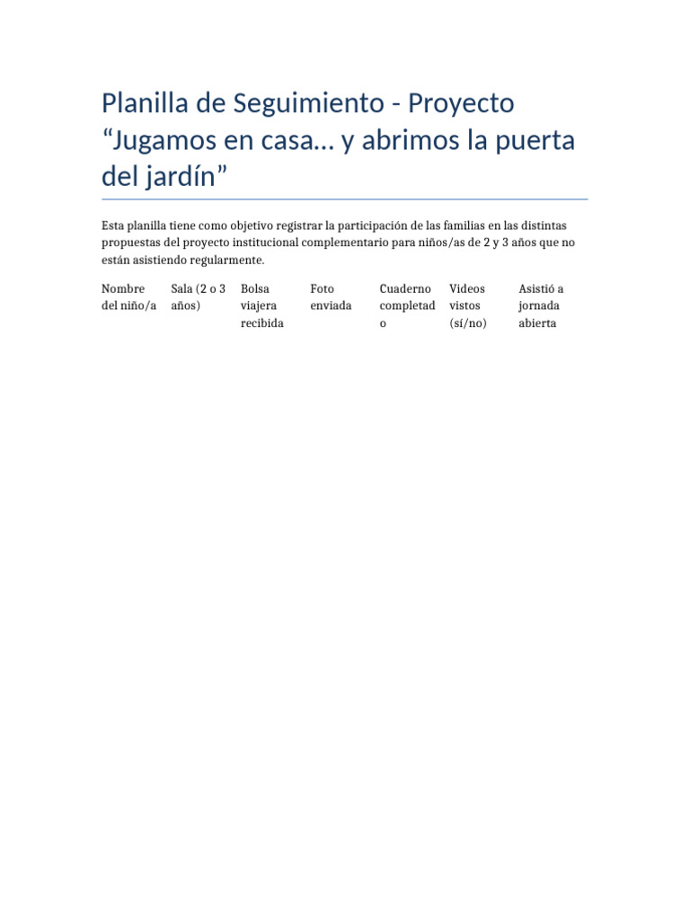 Planilla Seguimiento Jugamos en Casa | PDF