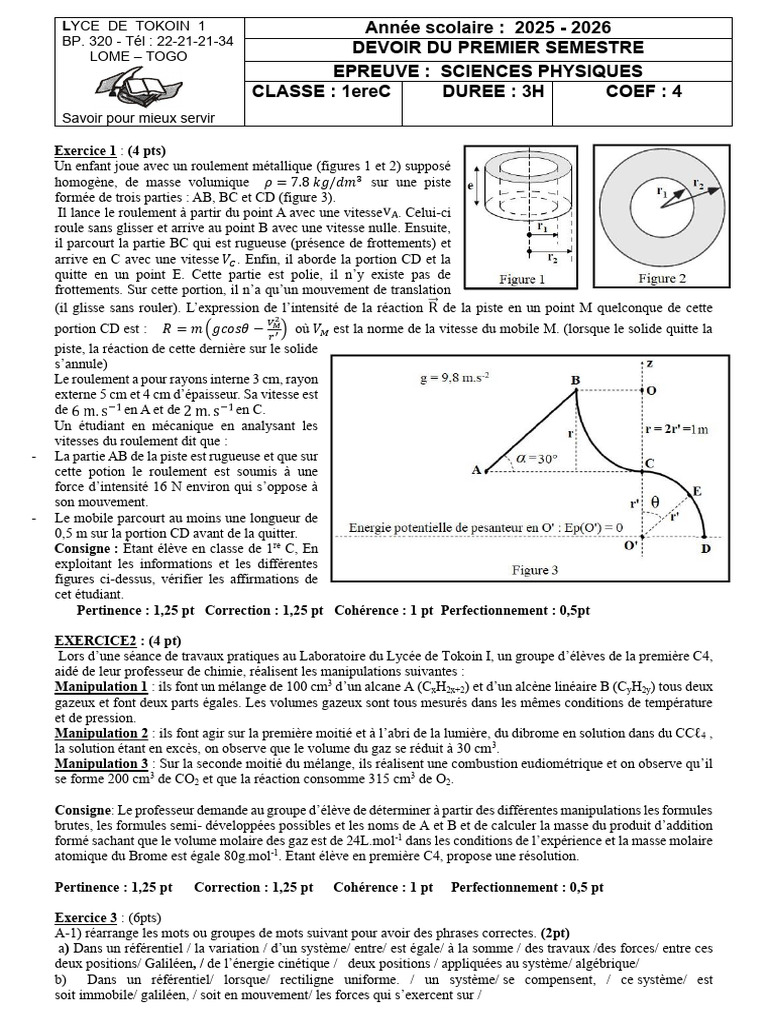 Exercice de physique-chimie en classe de 1re C | PDF | Chimie | Physique