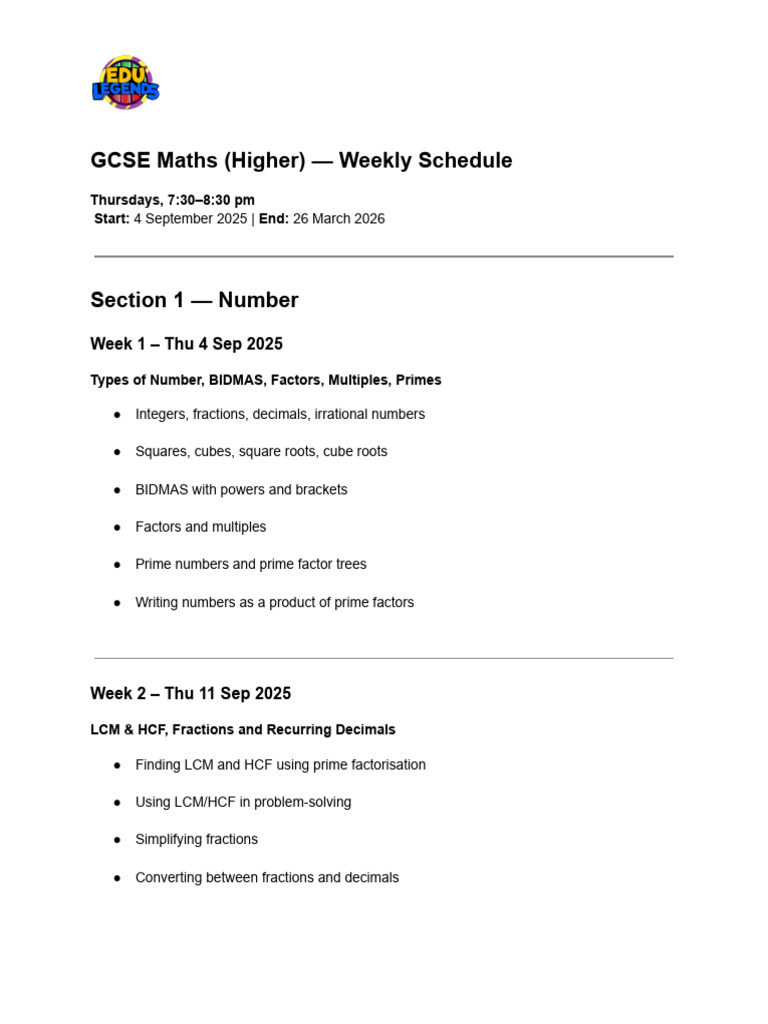 GCSE Maths Higher Weekly Schedule | PDF | Quadratic Equation | Area