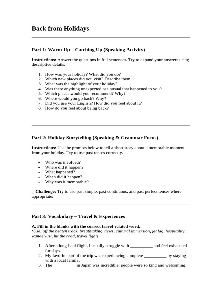 Back From Holidays Worksheet | PDF