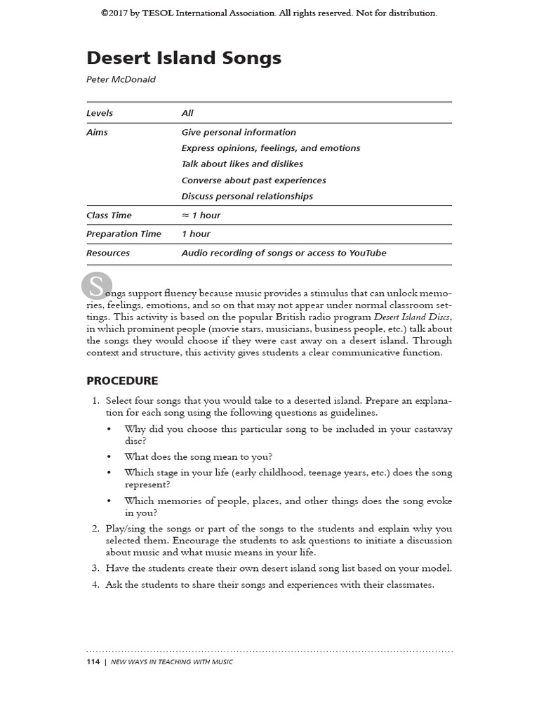 Engaging ESL Activity: Desert Island Songs | PDF | Human Communication ...