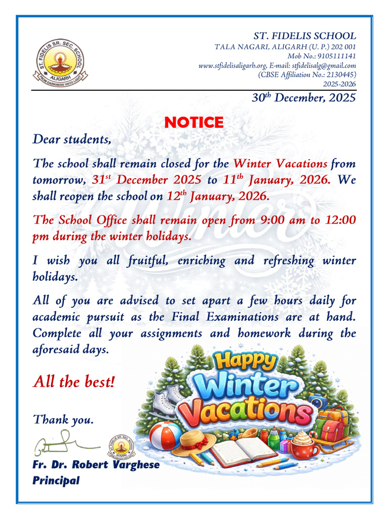 St. Fidelis School Winter Vacation Notice | PDF