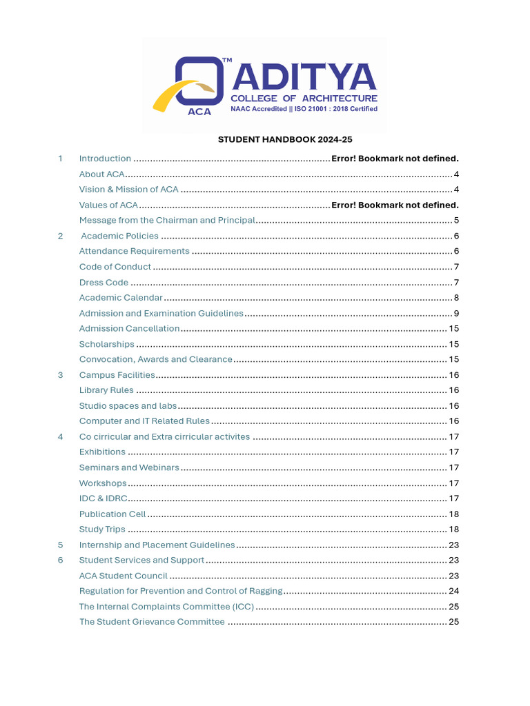 ACA Student Handbook 2024-25 | PDF | Thesis | Academic Term