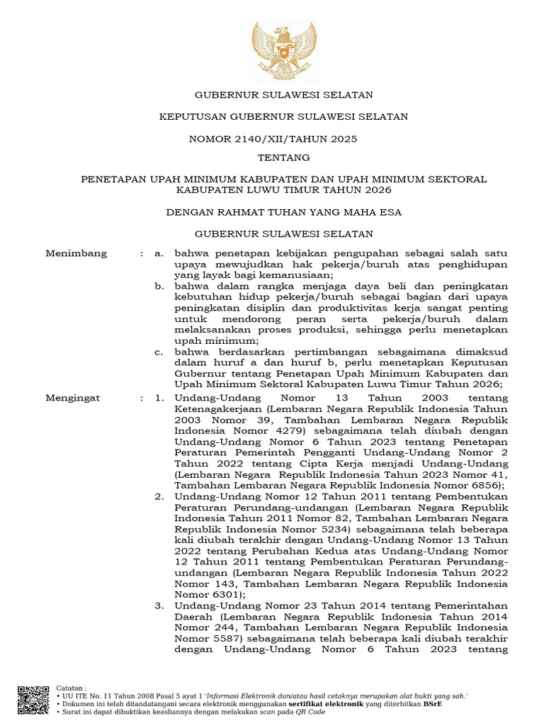 Upah Minimum Luwu Timur 2026 Ditetapkan | PDF