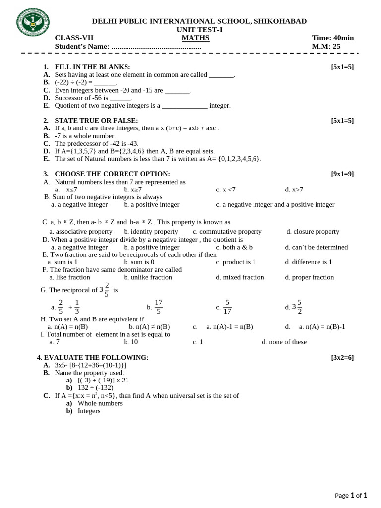 Class 7 Maths | PDF | Integer | Natural Number