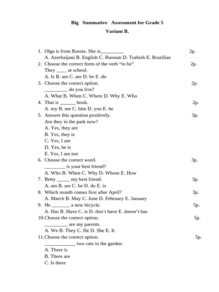 Big Summative Assessment for Grade 5 Game Changer VARIANT B | PDF ...