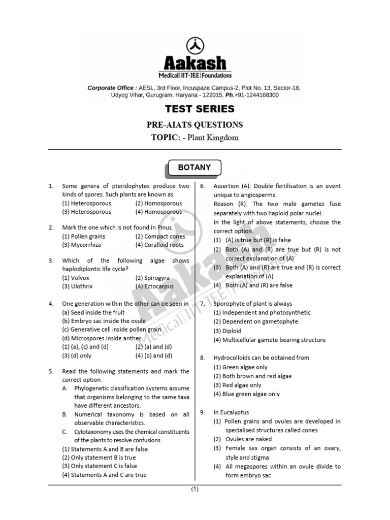 Plant Kingdom Test Series Questions | PDF | Plants | Reproduction