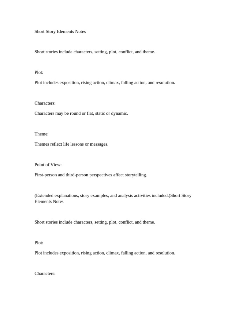 Short Story Elements Notes | PDF | Narration | Plot (Narrative)