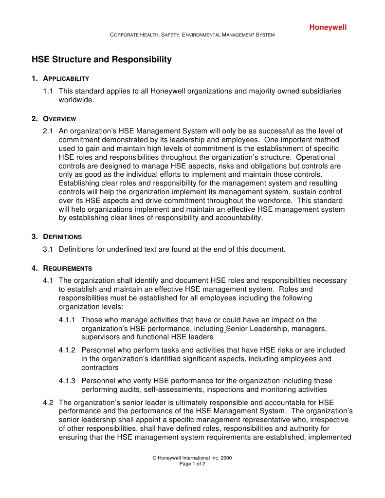 HSE Structure and Responsibility | PDF | Leadership | Employment