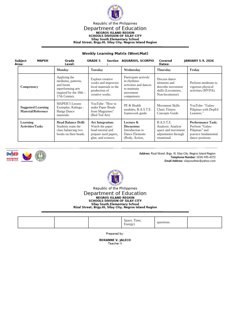 Grade 5 MAPEH Weekly Learning Matrix | PDF | Learning