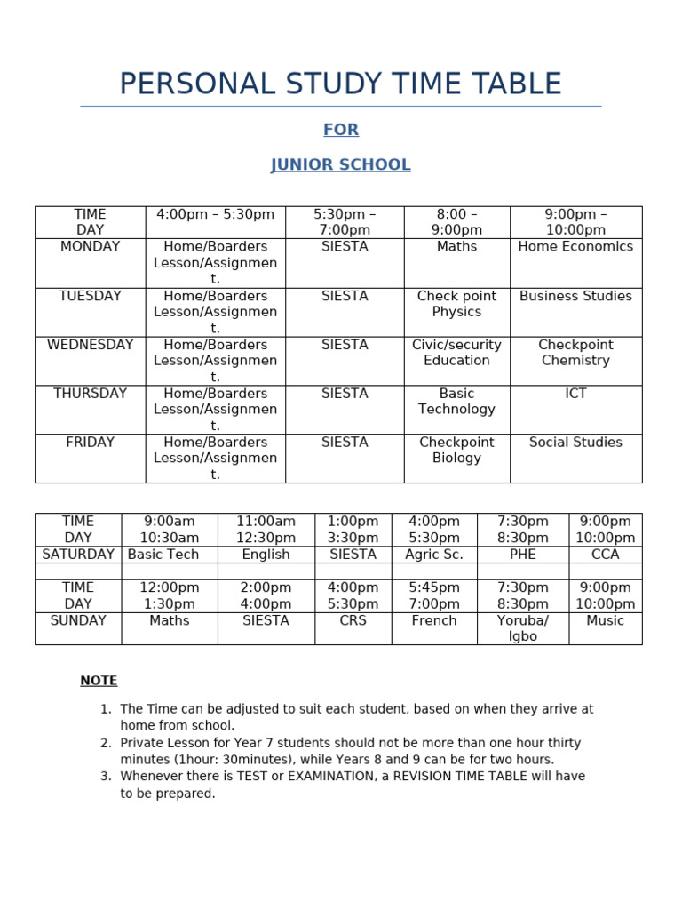 Personal Study Time Table For Junior School.-1 | PDF