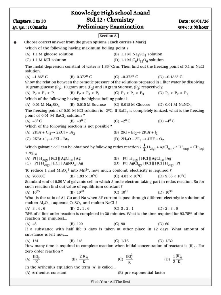 Std 12 Chemistry Preliminary Exam Guide | PDF | Amine | Iron