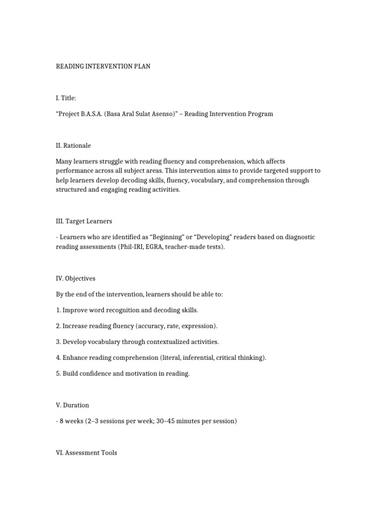 Reading Intervention Plan for Struggling Readers | PDF | Reading ...