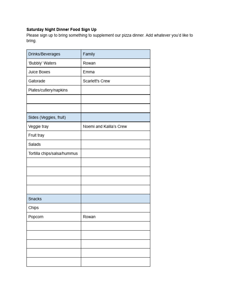 Saturday Night Dinner Food Sign Up | PDF