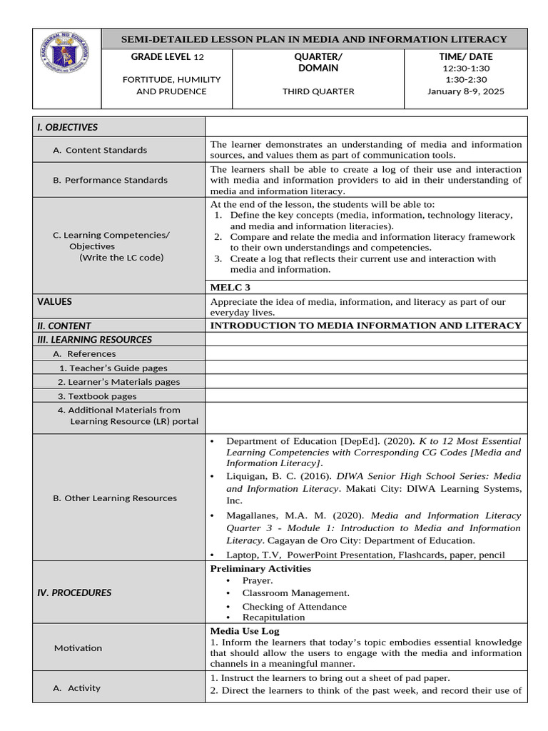 Grade 12 Media Literacy Lesson Plan | PDF | Information Literacy | Learning
