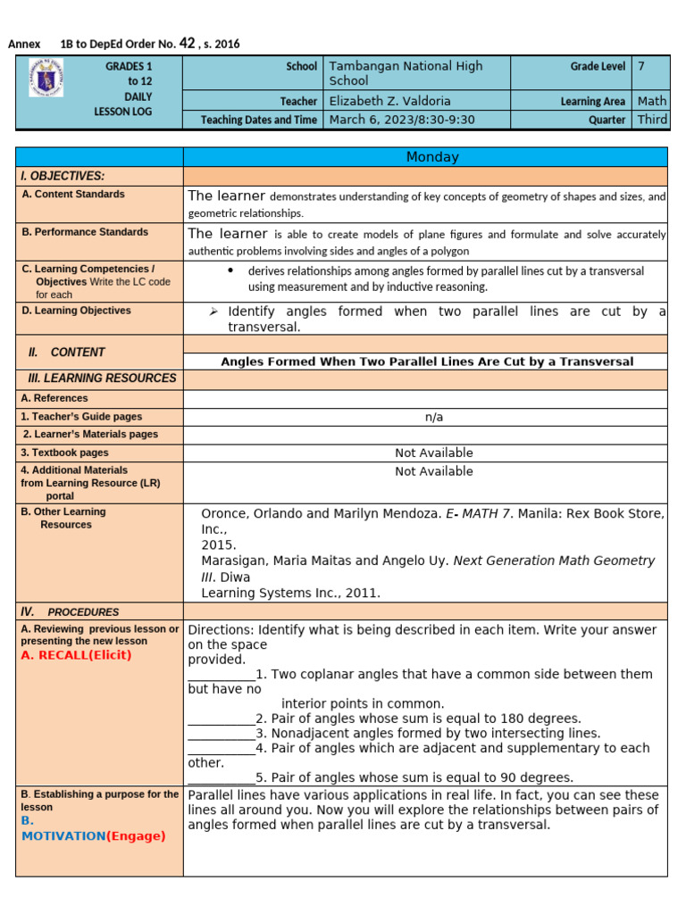 March 6, 2023( Parallel Lines Cut by Transversal) | PDF | Learning | Cognition