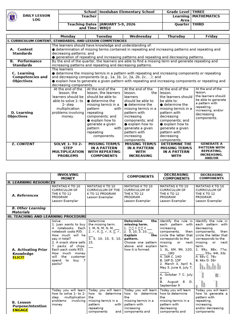 DLL MATH DLL W8Q3 | PDF | Pattern | Learning