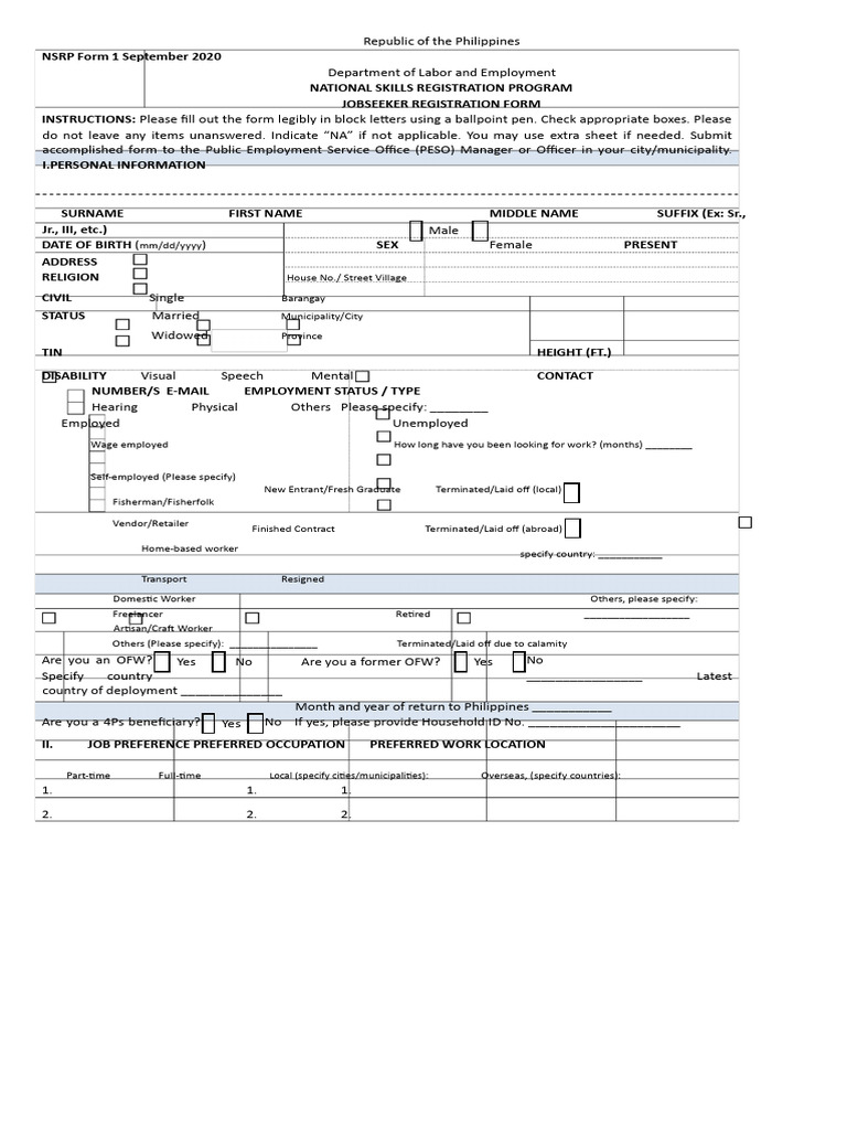 Jobseeker Registration Form Philippines | PDF | Labor | Employment