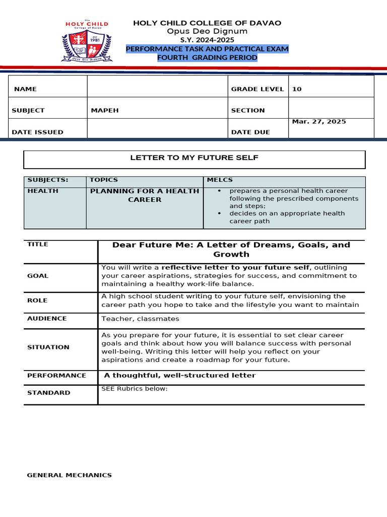 Q4_G10_PERFORMANCE-TASK_PRACTICAL-EXAM_MAPEH | PDF | Goal | Well Being