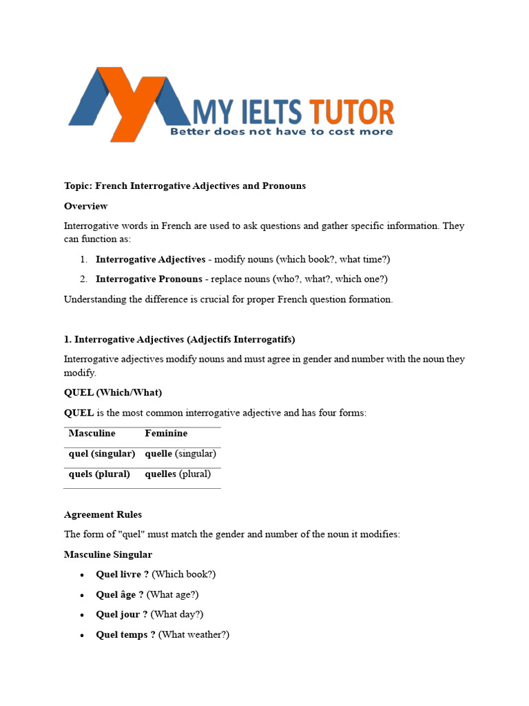French Interrogative Adjectives & Pronouns | PDF | Grammatical Gender ...
