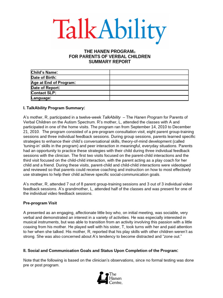 Hanen TalkAbility Program Summary | PDF | Theory Of Mind | Learning