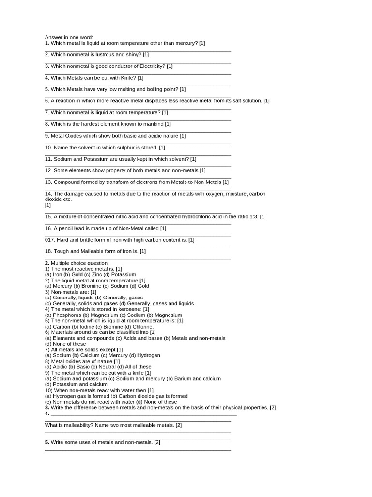 Metals and Non-Metals Quiz Guide | PDF | Metals | Alloy