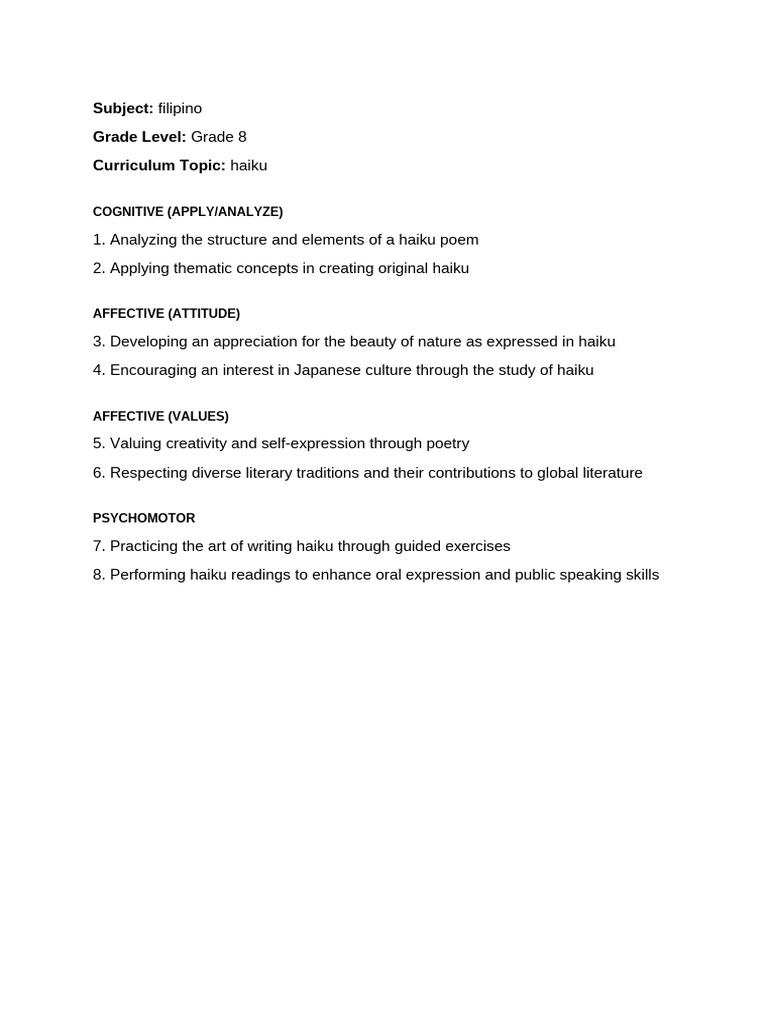 Grade 8 Haiku Poetry Curriculum | PDF