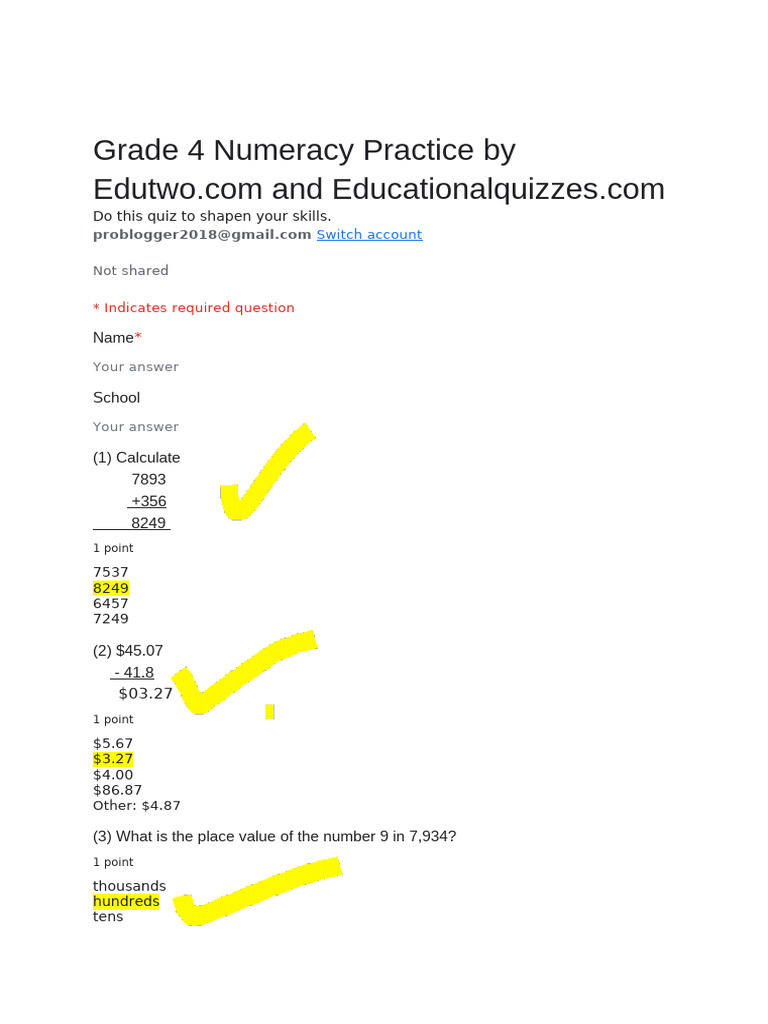Grade 4 Math Practice Quiz | PDF | Arithmetic | Mathematics